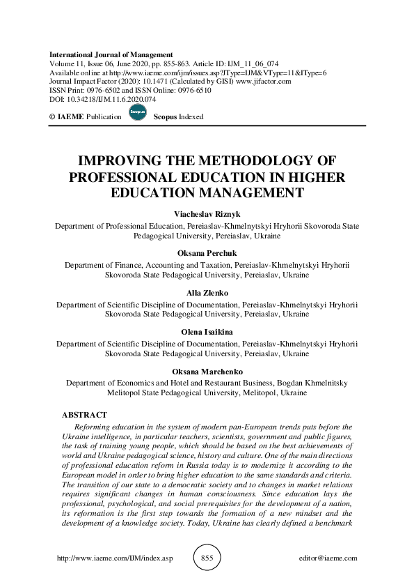 (PDF) IMPROVING THE METHODOLOGY OF PROFESSIONAL EDUCATION IN HIGHER ...