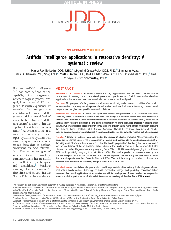 (PDF) Artificial intelligence applications in restorative dentistry: A ...