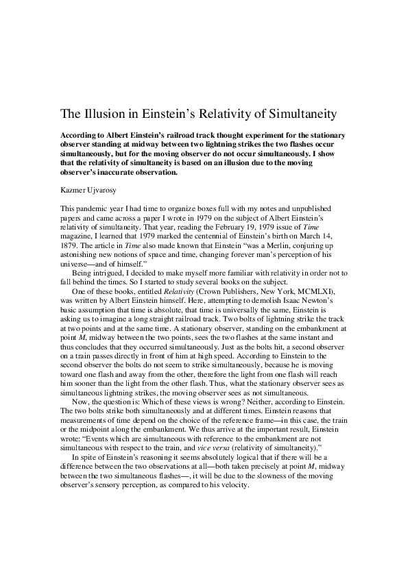 (PDF) The Illusion in Einstein's Relativity of Simultaneity