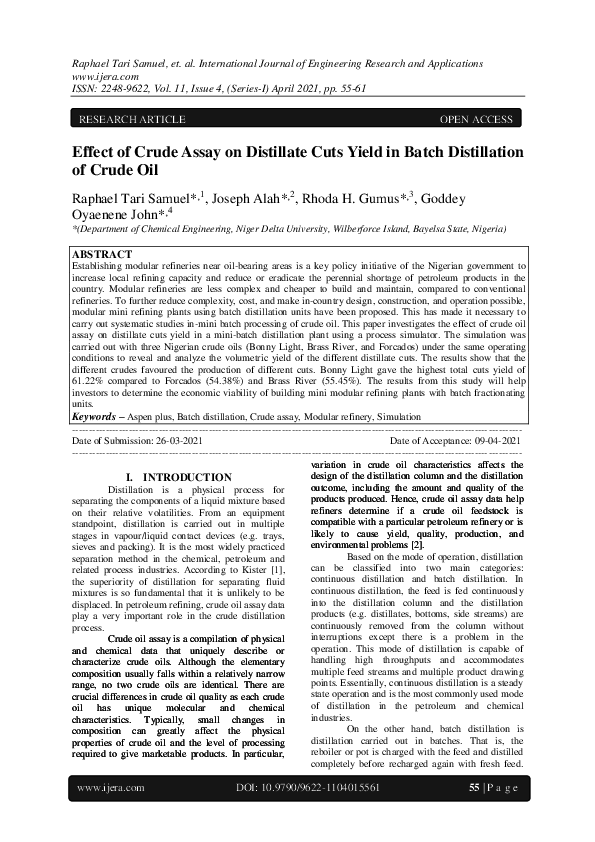 (PDF) Effect of Crude Assay on Distillate Cuts Yield in Batch ...