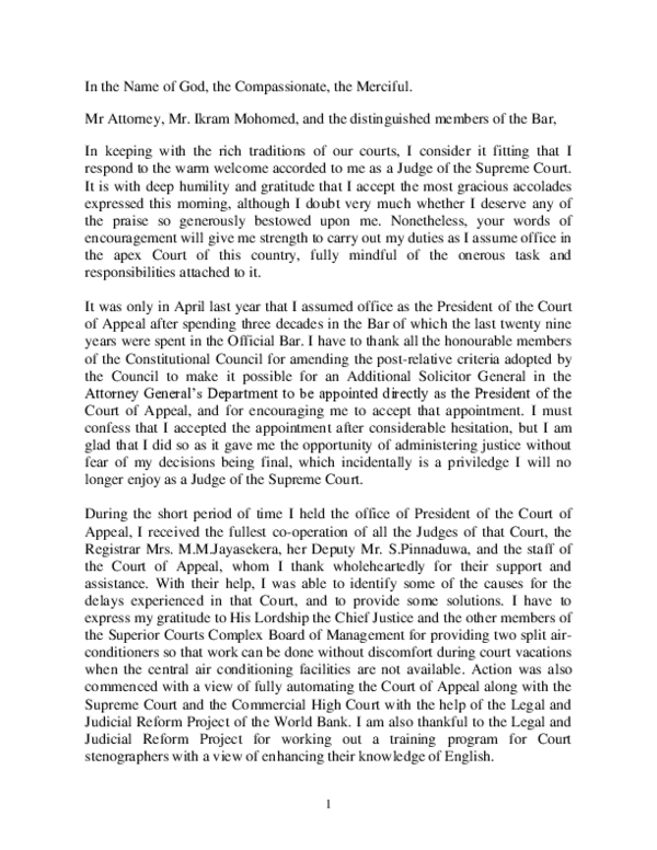 (PDF) Response of Justice Saleem Marsoof PC to the Ceremonial Welcome ...