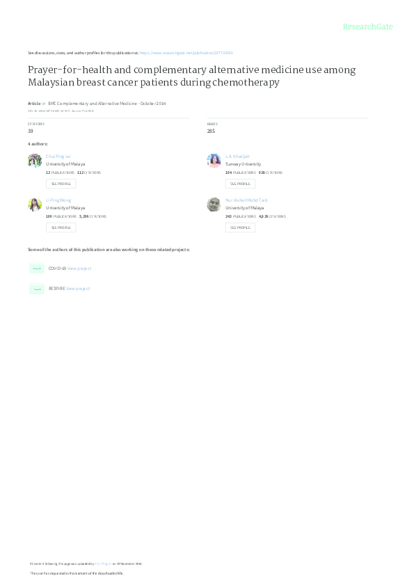 (PDF) Prayer-for-health and complementary alternative medicine use among Malaysian breast cancer ...