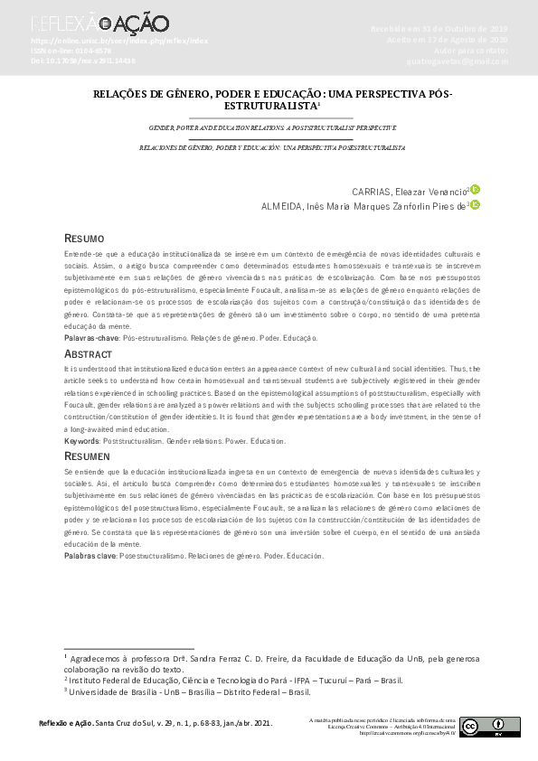 Pdf Relações De Gênero Poder E Educação Uma Perspectiva Pós 8727