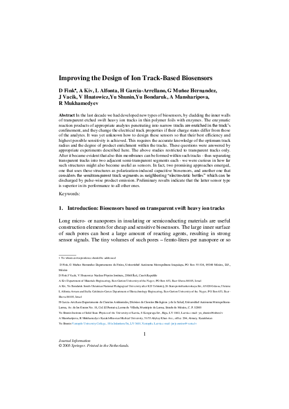 (PDF) Improving the Design of Ion Track-Based Biosensors
