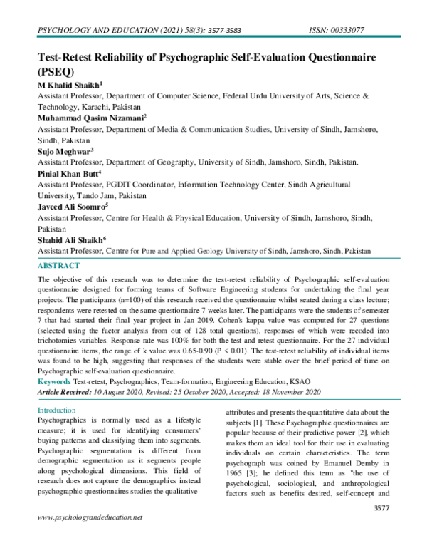 (PDF) Test-Retest Reliability of Psychographic Self-Evaluation ...