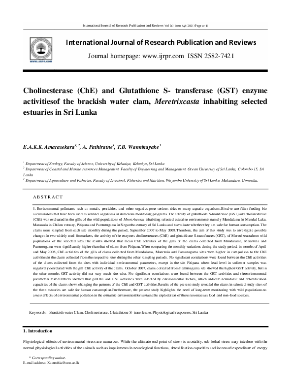 (PDF) Cholinesterase (ChE) and Glutathione S- transferase (GST) enzyme ...