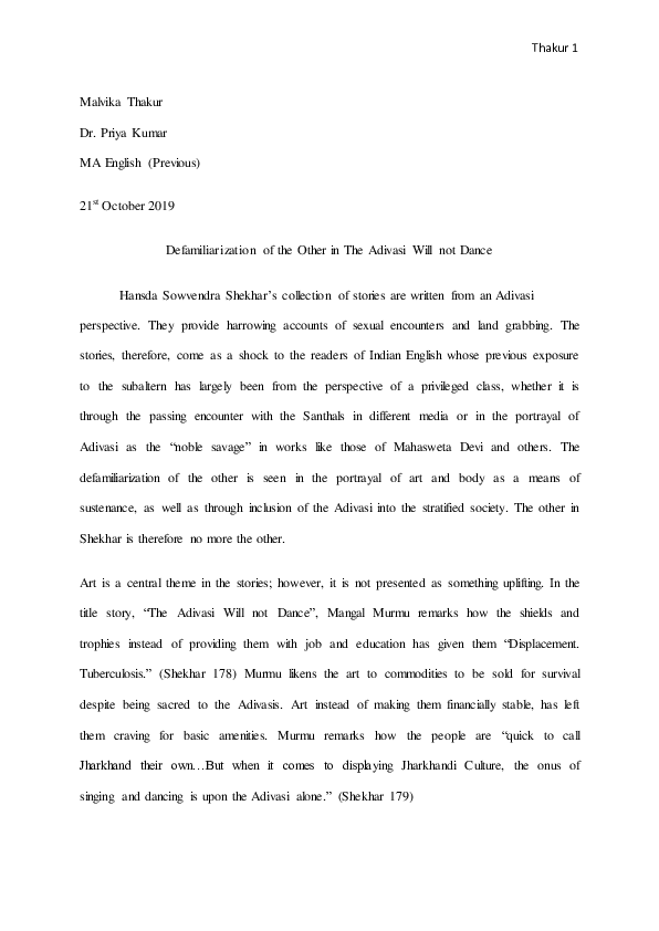 (PDF) Defamiliarization of the Other in The Adivasi Will Not Dance
