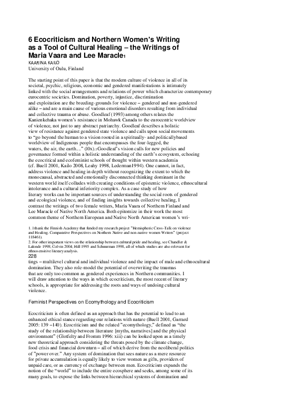 (PDF) Ecocriticism and Northern Women's Writing as a Tool of Cultural ...