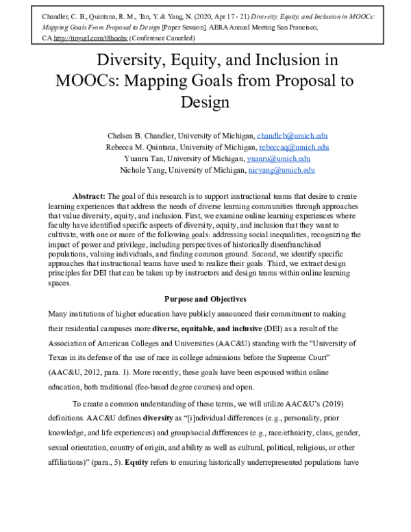 (PDF) Diversity, Equity, and Inclusion in MOOCs: Mapping Goals from ...
