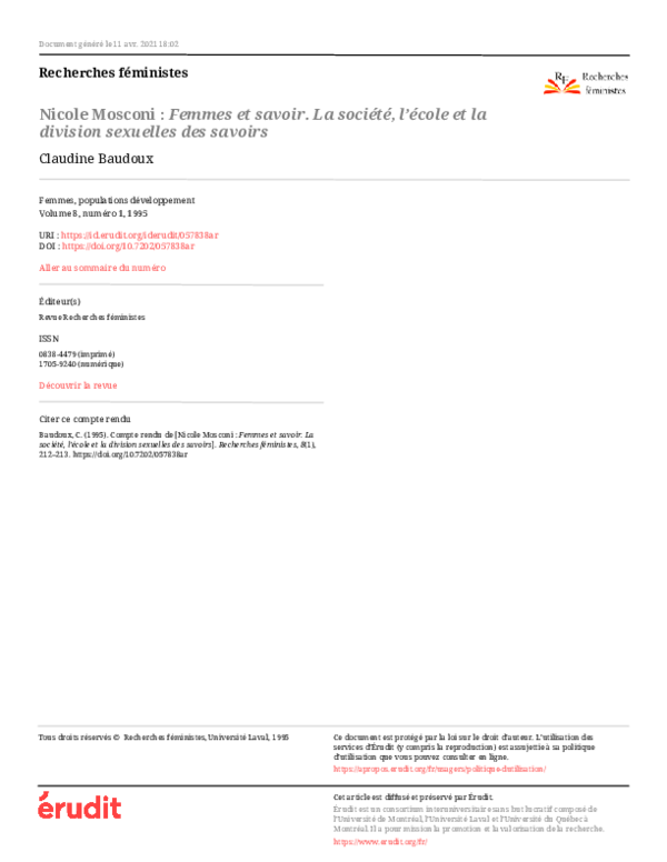 (PDF) Nicole Mosconi : Femmes et savoir. La société, l’école et la ...