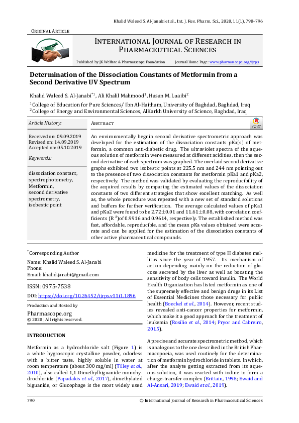 Pdf Determination Of The Dissociation Constants Of Metformin From A Second Derivative Uv Spectrum