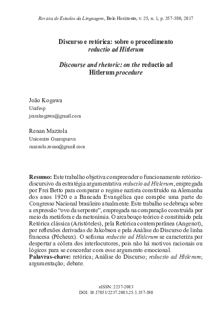 (PDF) Discurso e retórica: sobre o procedimento reductio ad Hitlerum ...