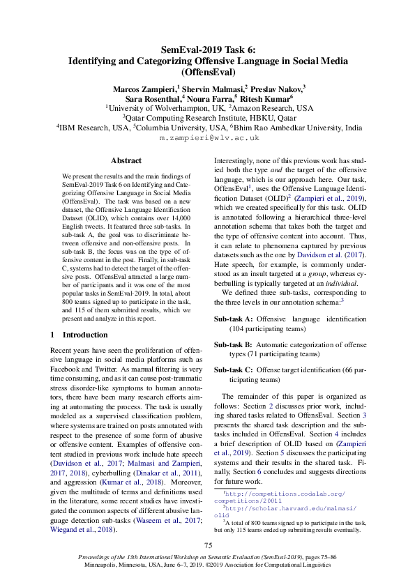 Pdf Semeval 2019 Task 6 Identifying And Categorizing Offensive Language In Social Media