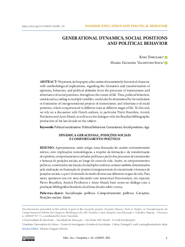 (PDF) GENERATIONAL DYNAMICS, SOCIAL POSITIONS AND POLITICAL BEHAVIOR ...