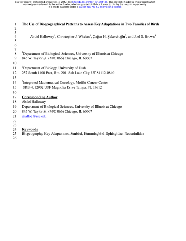 (PDF) The Use of Biogeographical Patterns to Assess Key Adaptations in ...