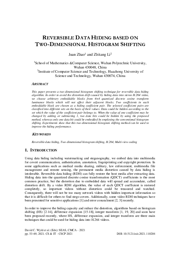 (PDF) REVERSIBLE DATA HIDING BASED ON TWO-DIMENSIONAL HISTOGRAM SHIFTING