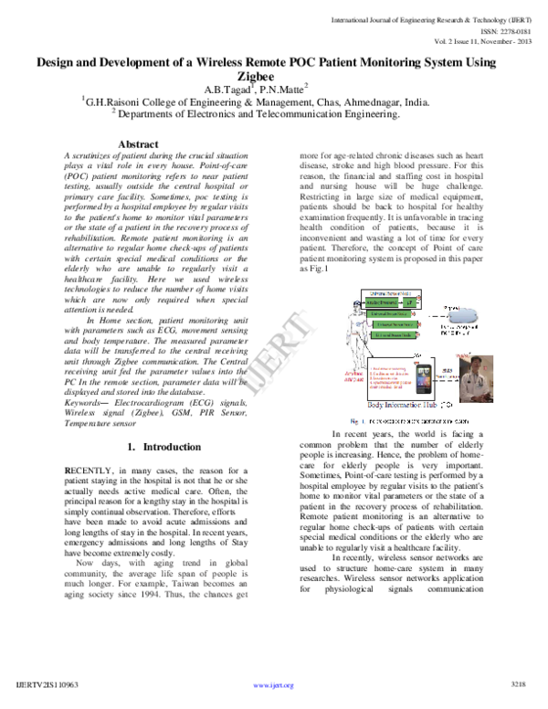 Pdf Ijert Design And Development Of A Wireless Remote Poc Patient Monitoring System Using