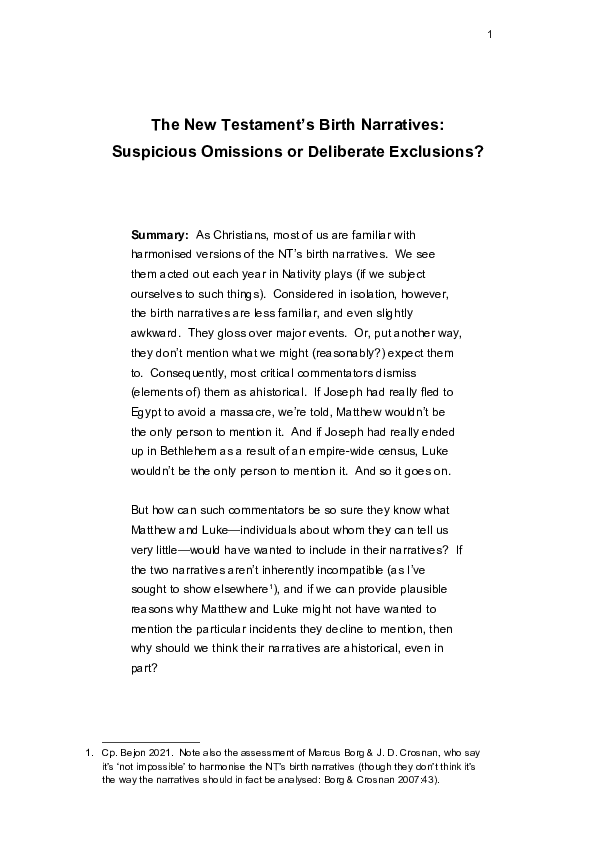 (PDF) The New Testament’s Birth Narratives: Suspicious Omissions or ...