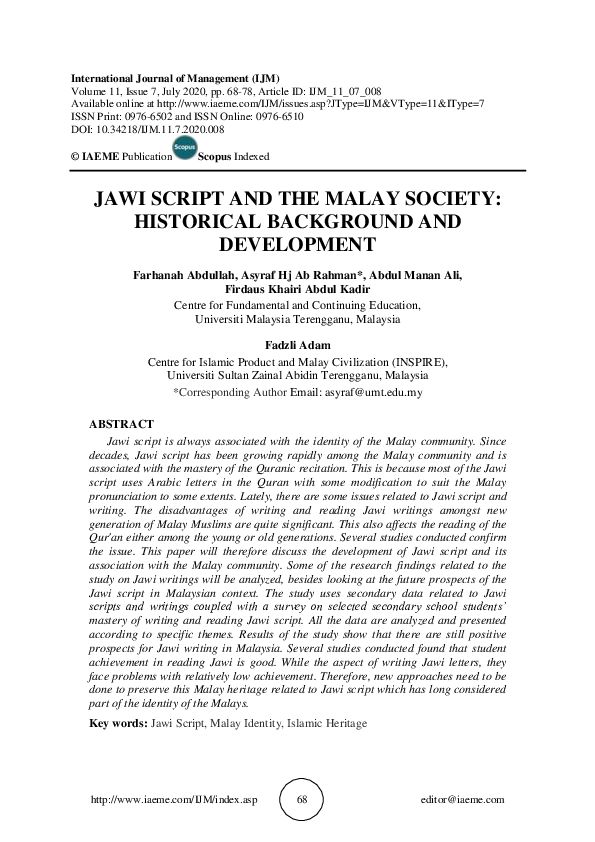 (PDF) JAWI SCRIPT AND THE MALAY SOCIETY: HISTORICAL BACKGROUND AND ...