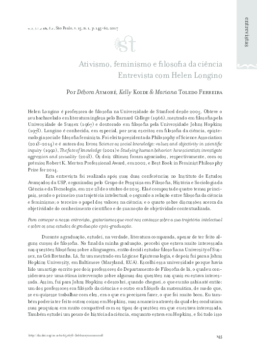 (PDF) Ativismo feminismo e filosofia da ciencia: Entrevista com Helen ...