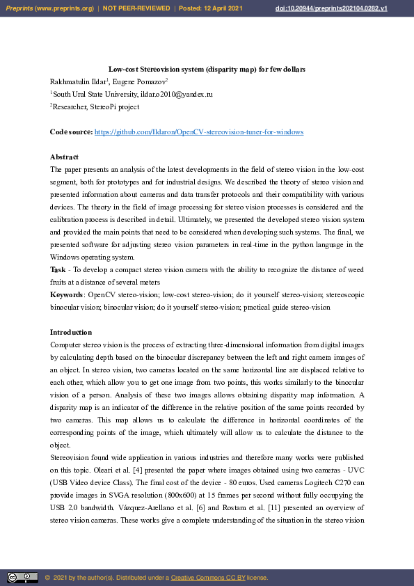 (PDF) Low-cost Stereovision system (disparity map) for few dollars (PDF) Low-cost Stereovision system (disparity map) for few dollars