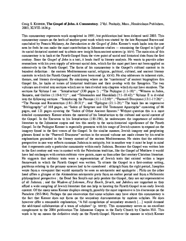 (PDF) The Gospel of John. A Commentary. 2 Vols. by Craig Keener