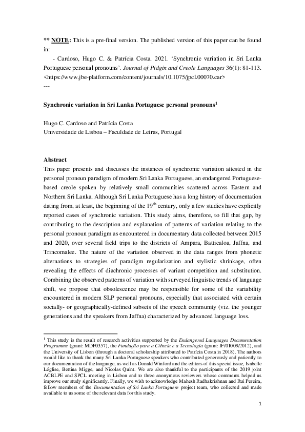 (PDF) Synchronic variation in Sri Lanka Portuguese personal pronouns