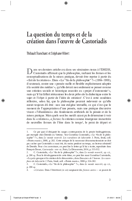 (PDF) La question du temps et de la création dans l'œuvre de Castoriadis (extrait)