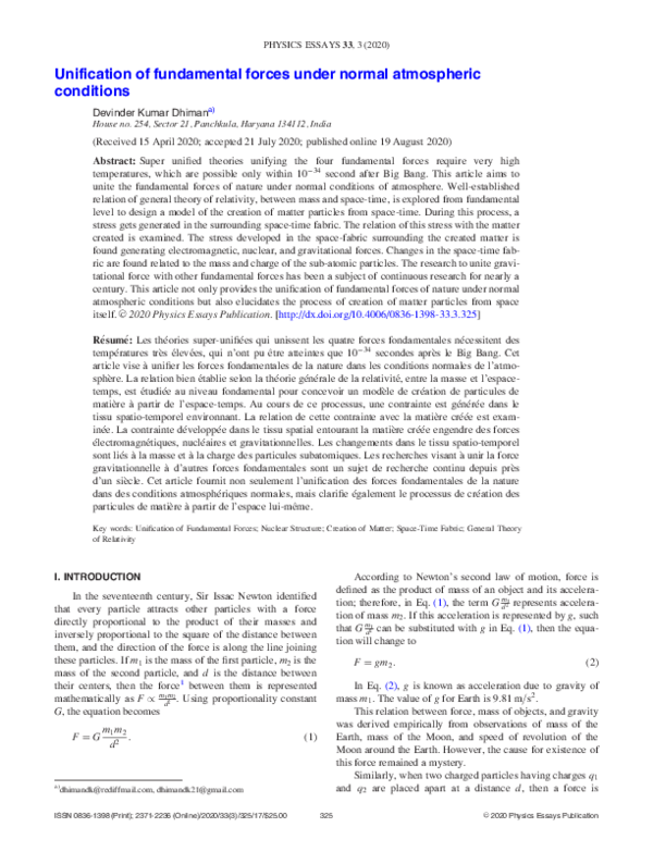 (PDF) Unification of Fundamental forces under Normal Atmospheric Conditions