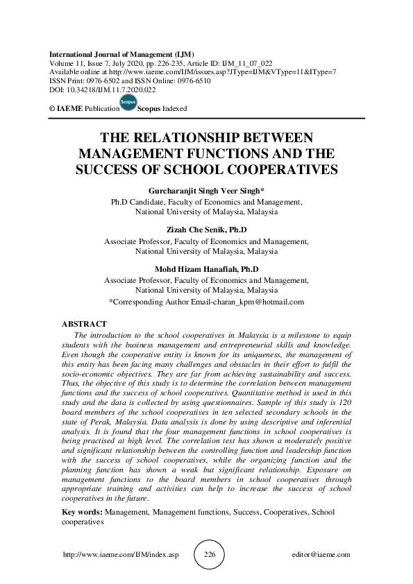 (PDF) THE RELATIONSHIP BETWEEN MANAGEMENT FUNCTIONS AND THE SUCCESS OF ...