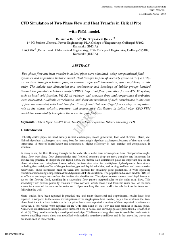 (PDF) IJERT-CFD Simulation of Two Phase Flow and Heat Transfer in Helical Pipe with PBM model