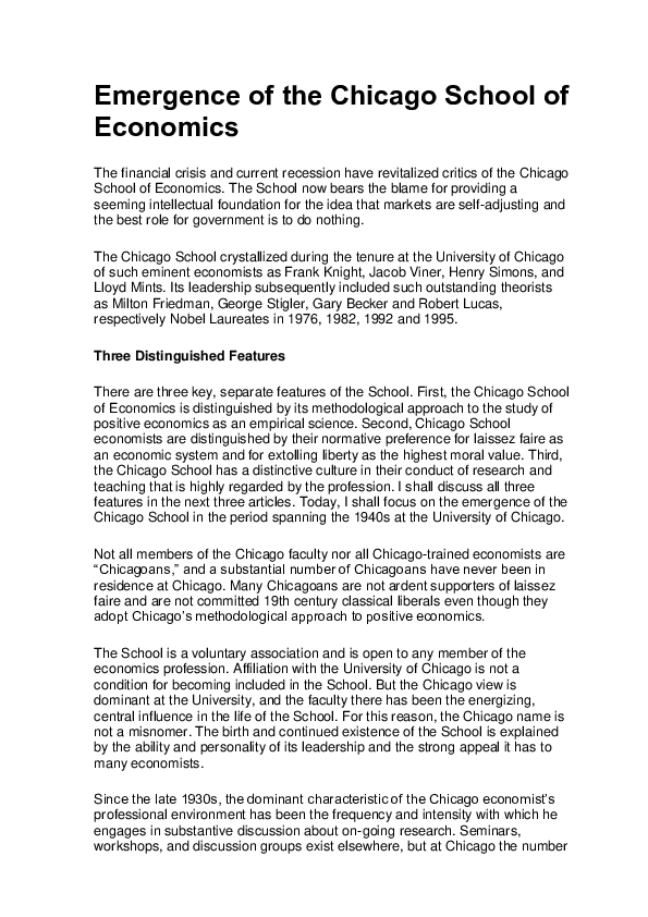 (PDF) Emergence of the Chicago School of Economics