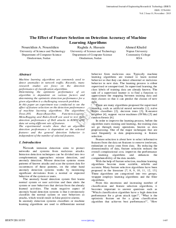 (PDF) IJERT-The Effect of Feature Selection on Detection Accuracy of Machine Learning Algorithms ...