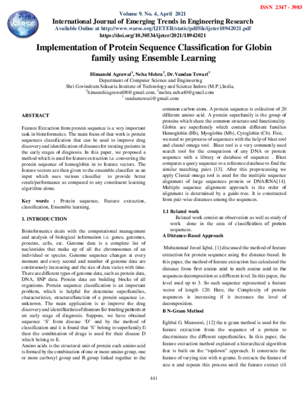 (PDF) Implementation of Protein Sequence Classification for Globin family using Ensemble Learning