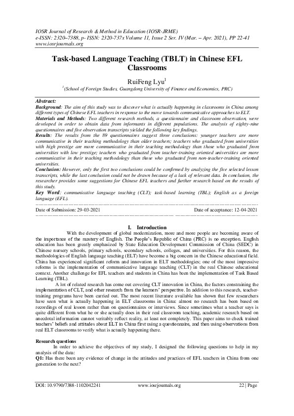 (PDF) Task-based Language Teaching (TBLT) in Chinese EFL Classrooms