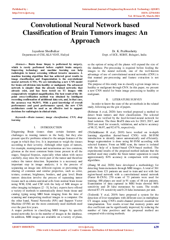 (PDF) IJERT-Convolutional Neural Network based Classification of Brain Tumors images: An Approach