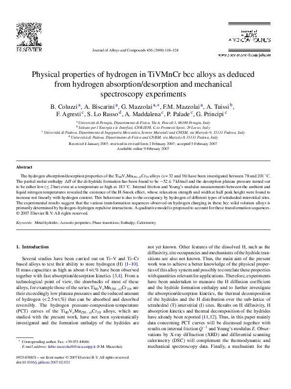 (PDF) Physical properties of hydrogen in TiVMnCr bcc alloys as deduced from hydrogen absorption ...