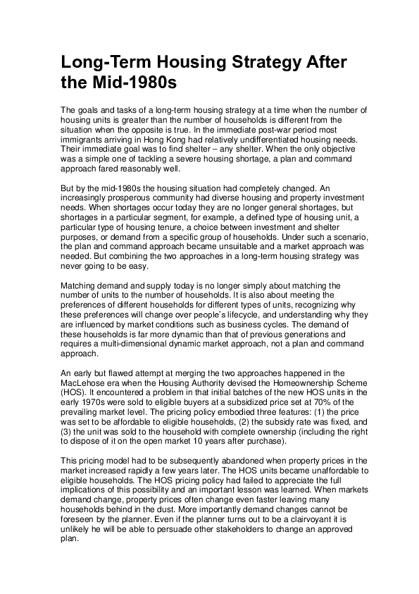(PDF) Long-Term Housing Strategy After the Mid-1980s