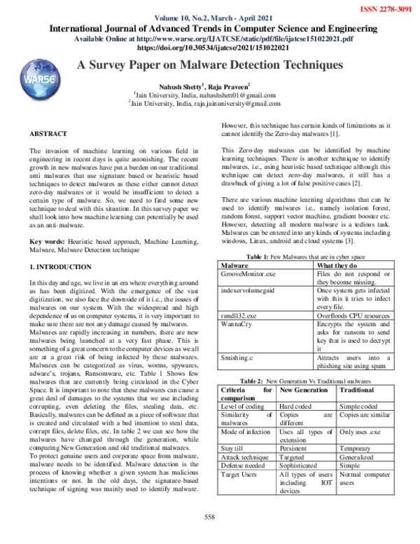Pdf A Survey Paper On Malware Detection Techniques