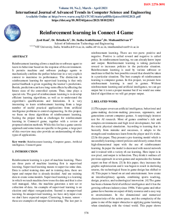 (PDF) Reinforcement learning in Connect 4 Game