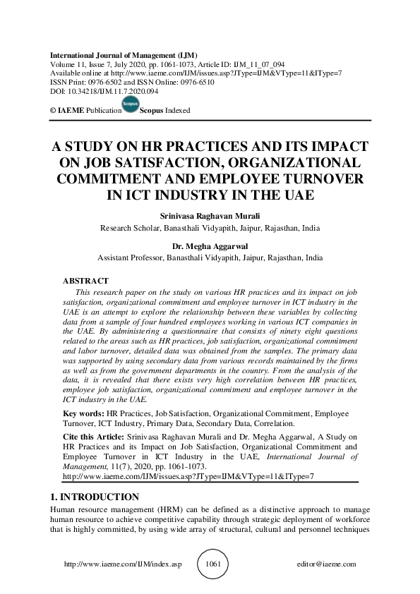 (PDF) A STUDY ON HR PRACTICES AND ITS IMPACT ON JOB SATISFACTION, ORGANIZATIONAL COMMITMENT AND ...