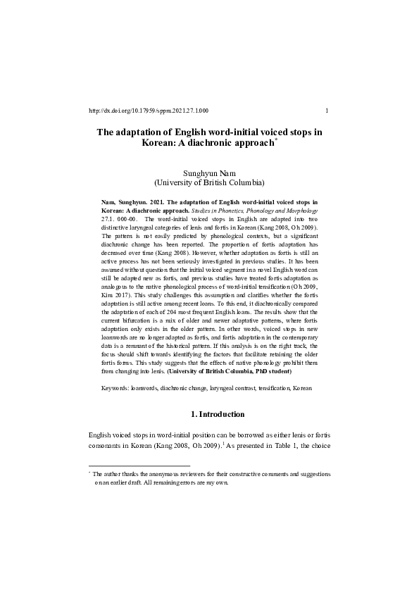 Pdf The Adaptation Of English Word Initial Voiced Stops In Korean A