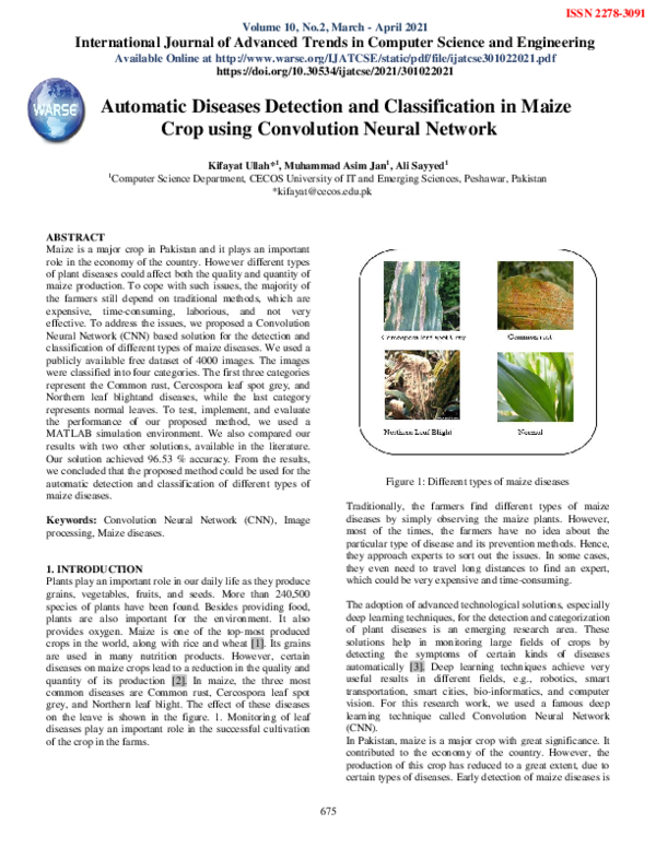 Automatic Diseases Detection And Classification In Maize Crop Using Convolution Neural Network