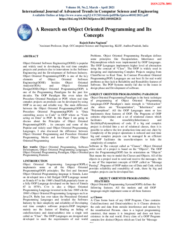 (PDF) A Research on Object Oriented Programming and Its Concepts