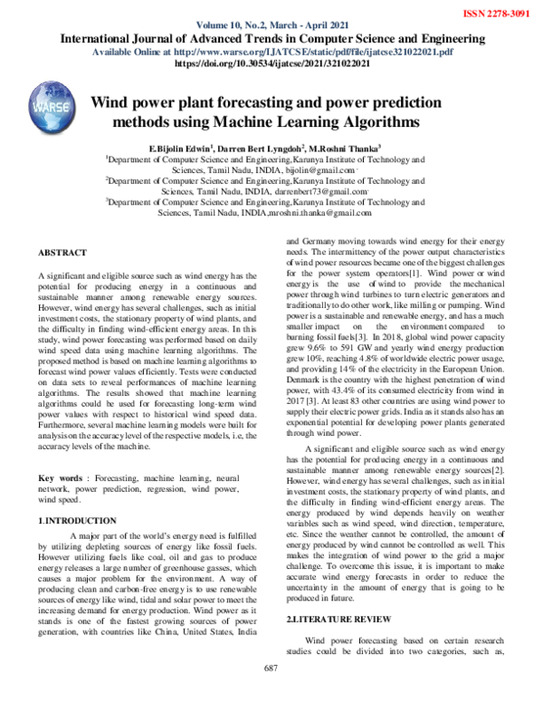 (PDF) Wind power plant forecasting and power prediction methods using Machine Learning Algorithms