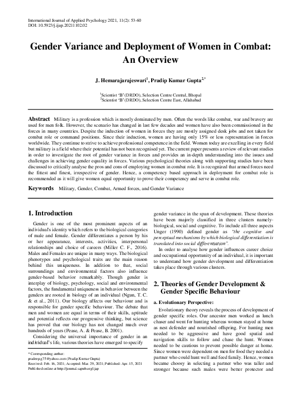 (PDF) Gender Variance and Deployment of Women in Combat: An Overview