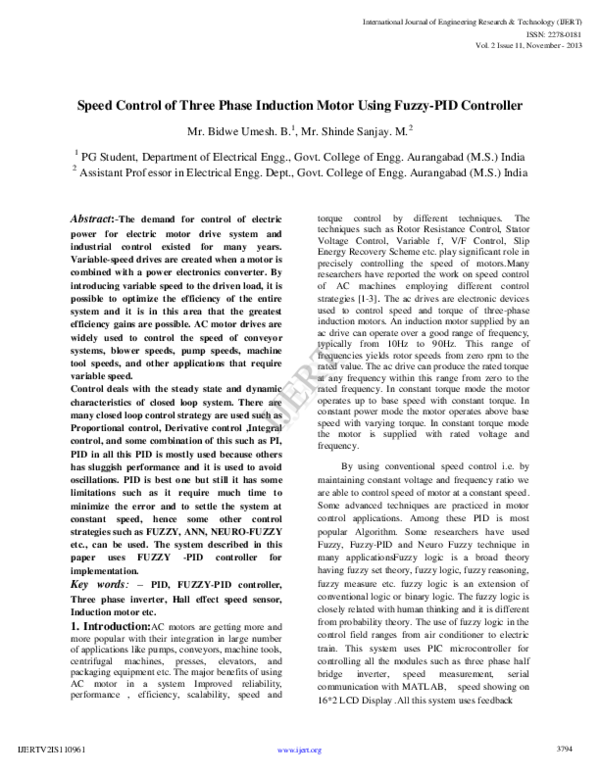 Pdf Ijert Speed Control Of Three Phase Induction Motor Using Fuzzy