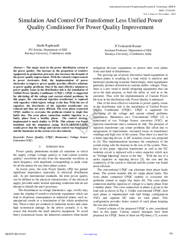 (PDF) IJERT-Simulation And Control Of Transformer Less Unified Power Quality Conditioner For ...