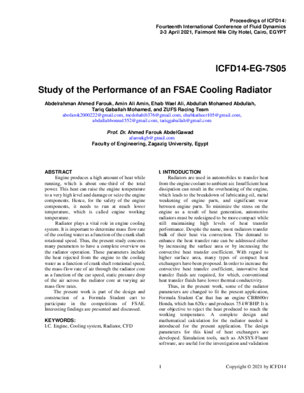 (PDF) Study of the Performance of an FSAE Cooling Radiator