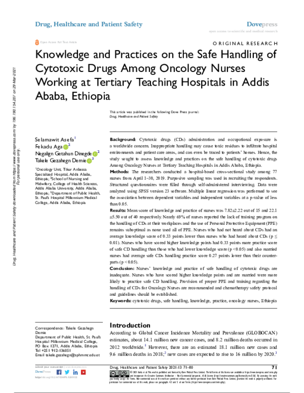 (PDF) Knowledge and Practices on the Safe Handling of Cytotoxic Drugs ...